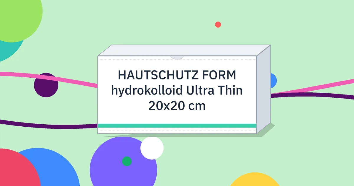 Symbolbild: Packung mit der Aufschrift HAUTSCHUTZ FORM hydrokolloid Ultra Thin 20x20 cm (PZN 11666340) – Verfügbarkeit und Bezug in Apotheken in Frankfurt am Main