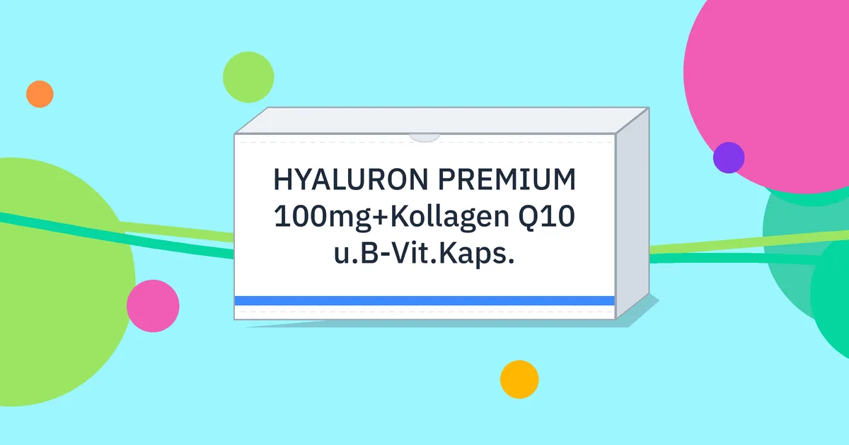 Symbolbild: Packung mit der Aufschrift HYALURON PREMIUM 100mg+Kollagen Q10 u.B-Vit.Kaps. (PZN 17856917) – Verfügbarkeit und Bezug in Apotheken in Frankfurt am Main