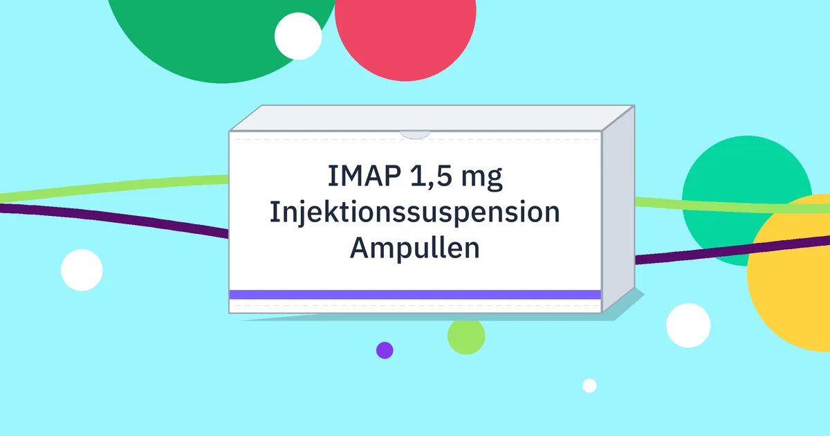 Symbolbild: Packung mit der Aufschrift IMAP 1,5 mg Injektionssuspension Ampullen (PZN 01957697) – Verfügbarkeit und Bezug in Apotheken in Frankfurt am Main