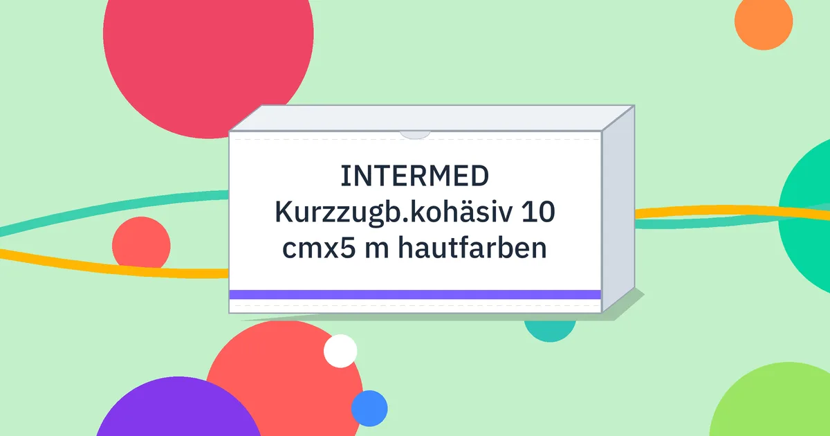 Symbolbild: Packung mit der Aufschrift INTERMED Kurzzugb.kohäsiv 10 cmx5 m hautfarben (PZN 10944506) – Verfügbarkeit und Bezug in Apotheken in Frankfurt am Main