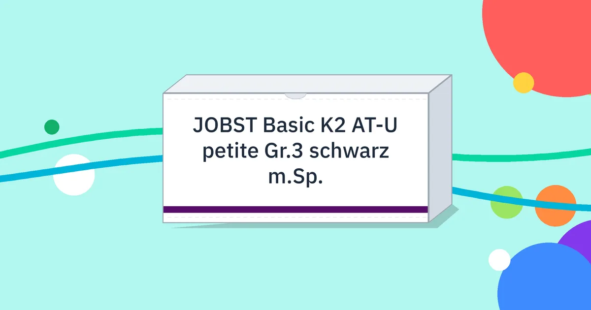 Symbolbild: Packung mit der Aufschrift JOBST Basic K2 AT-U petite Gr.3 schwarz m.Sp. (PZN 15312001) – Verfügbarkeit und Bezug in Apotheken in Frankfurt am Main