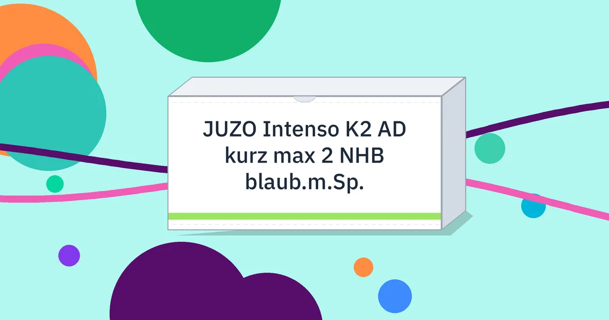 Symbolbild: Packung mit der Aufschrift JUZO Intenso K2 AD kurz max 2 NHB blaub.m.Sp. (PZN 18612212) – Verfügbarkeit und Bezug in Apotheken in Frankfurt am Main