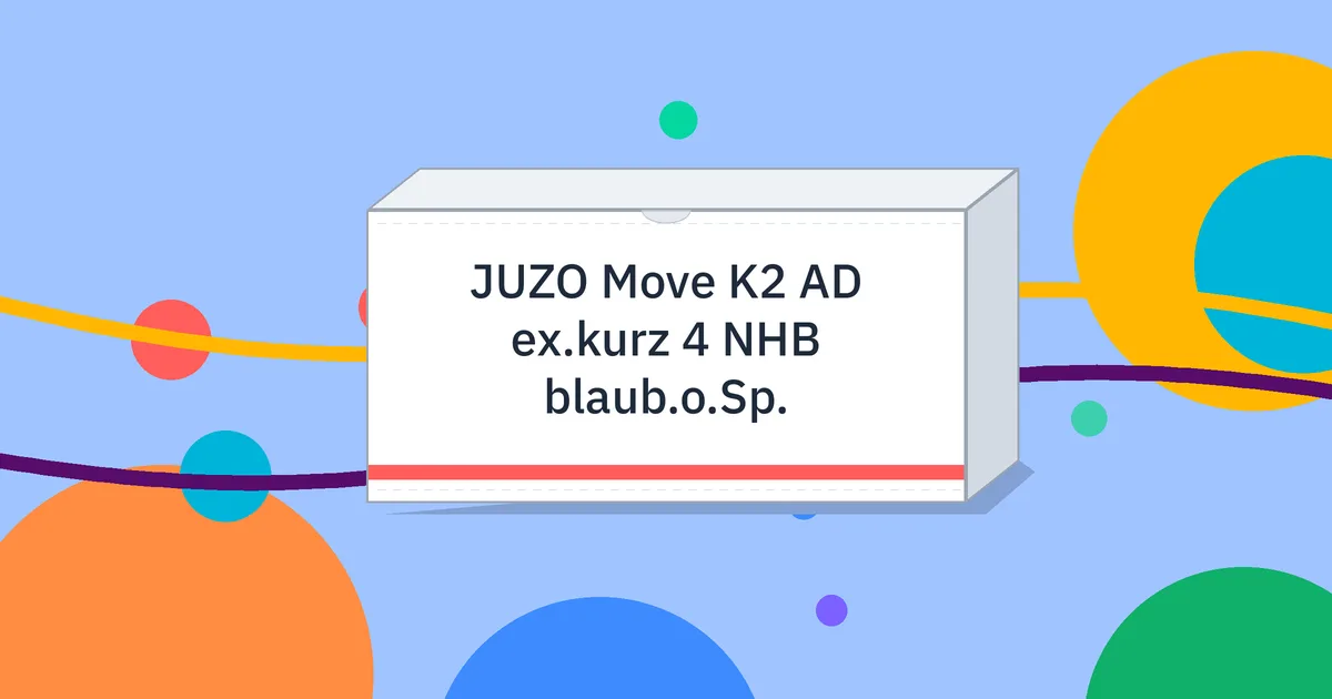 Symbolbild: Packung mit der Aufschrift JUZO Move K2 AD ex.kurz 4 NHB blaub.o.Sp. (PZN 18542380) – Verfügbarkeit und Bezug in Apotheken in Frankfurt am Main