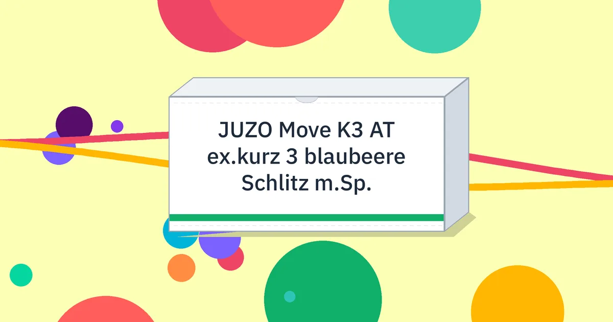 Symbolbild: Packung mit der Aufschrift JUZO Move K3 AT ex.kurz 3 blaubeere Schlitz m.Sp. (PZN 20681114) – Verfügbarkeit und Bezug in Apotheken in Frankfurt am Main