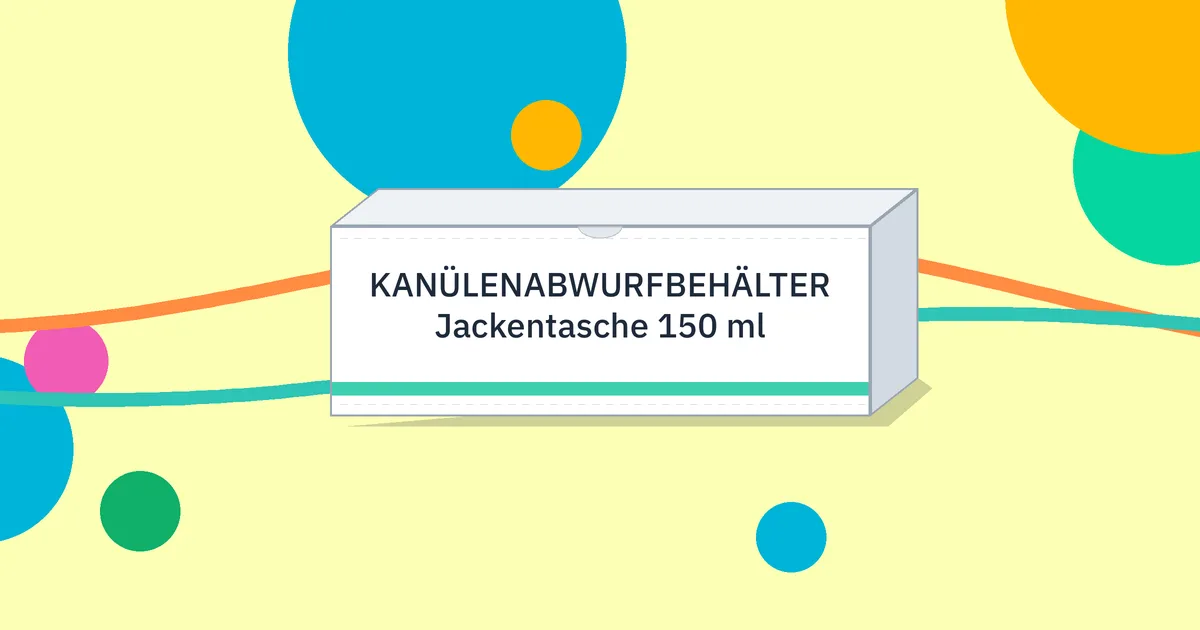 Symbolbild: Packung mit der Aufschrift KANÜLENABWURFBEHÄLTER Jackentasche 150 ml (PZN 19517272) – Verfügbarkeit und Bezug in Apotheken in Frankfurt am Main