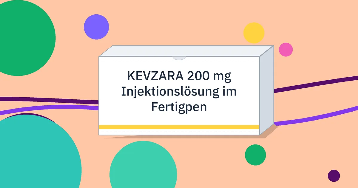 Symbolbild: Packung mit der Aufschrift KEVZARA 200 mg Injektionslösung im Fertigpen (PZN 16662950) – Verfügbarkeit und Bezug in Apotheken in Frankfurt am Main