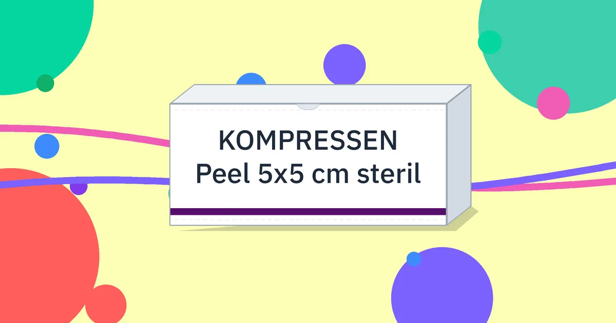 Symbolbild: Packung mit der Aufschrift KOMPRESSEN Peel 5x5 cm steril (PZN 03040661) – Verfügbarkeit und Bezug in Apotheken in Frankfurt am Main