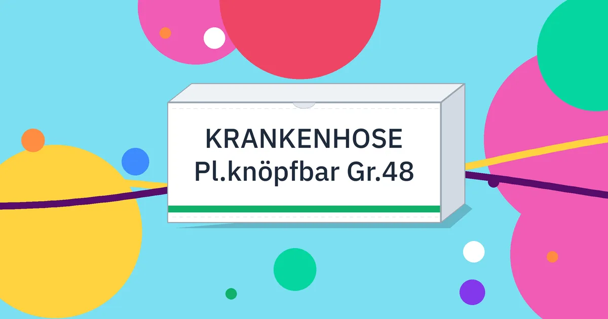Symbolbild: Packung mit der Aufschrift KRANKENHOSE Pl.knöpfbar Gr.48 (PZN 01740911) – Verfügbarkeit und Bezug in Apotheken in Frankfurt am Main