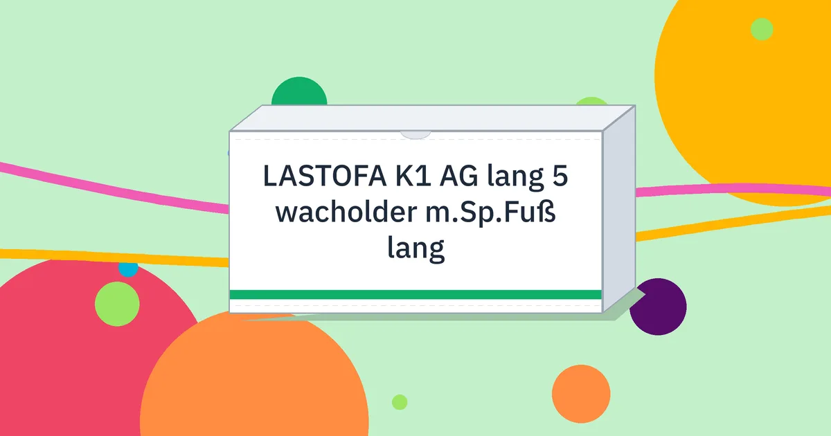 Symbolbild: Packung mit der Aufschrift LASTOFA K1 AG lang 5 wacholder m.Sp.Fuß lang (PZN 13793249) – Verfügbarkeit und Bezug in Apotheken in Frankfurt am Main