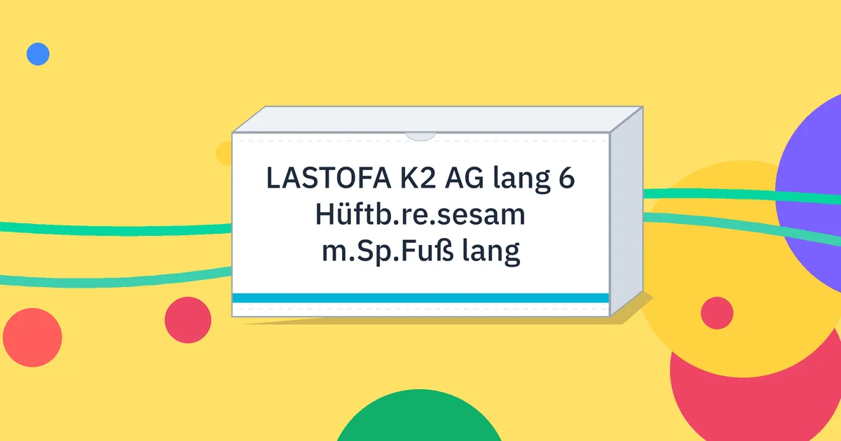 Symbolbild: Packung mit der Aufschrift LASTOFA K2 AG lang 6 Hüftb.re.sesam m.Sp.Fuß lang (PZN 13812372) – Verfügbarkeit und Bezug in Apotheken in Frankfurt am Main