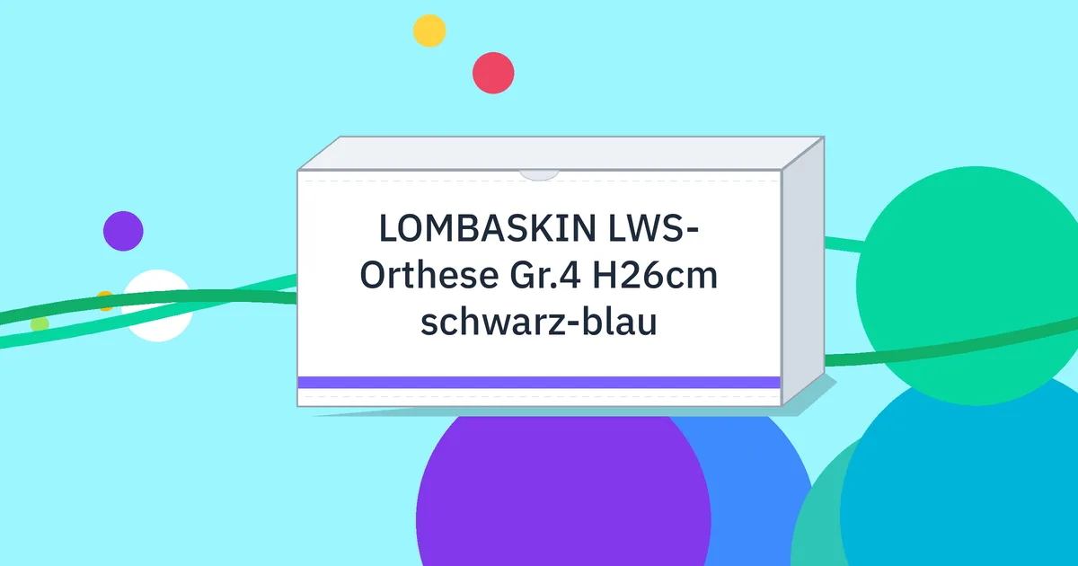 Symbolbild: Packung mit der Aufschrift LOMBASKIN LWS-Orthese Gr.4 H26cm schwarz-blau (PZN 18602886) – Verfügbarkeit und Bezug in Apotheken in Frankfurt am Main