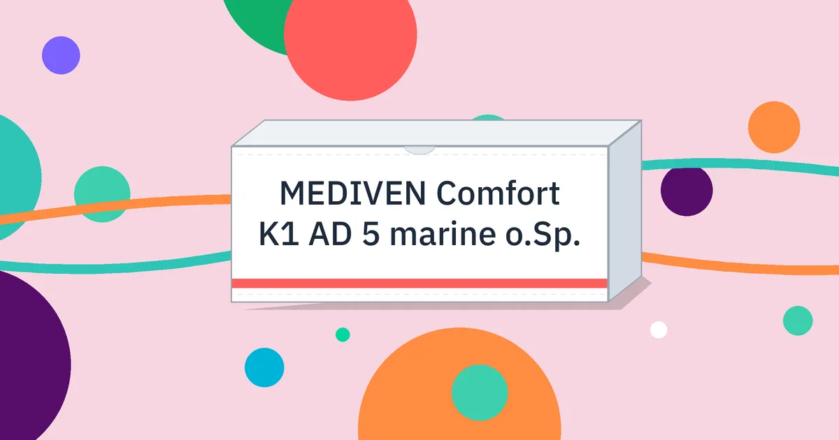 Symbolbild: Packung mit der Aufschrift MEDIVEN Comfort K1 AD 5 marine o.Sp. (PZN 14559627) – Verfügbarkeit und Bezug in Apotheken in Frankfurt am Main
