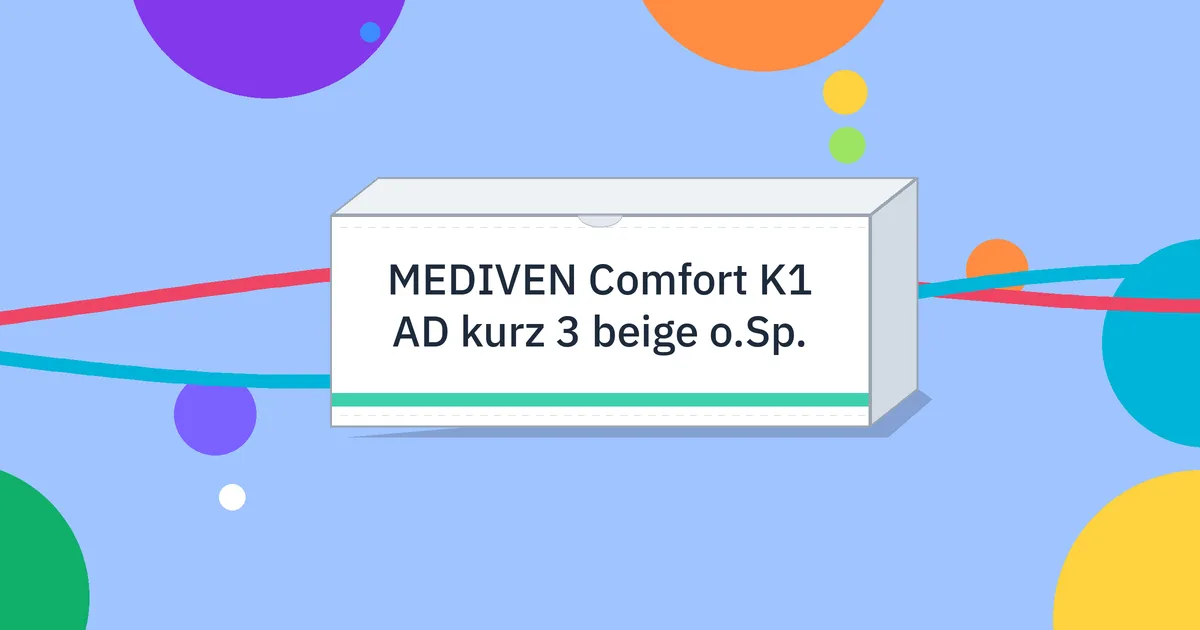 Symbolbild: Packung mit der Aufschrift MEDIVEN Comfort K1 AD kurz 3 beige o.Sp. (PZN 14563209) – Verfügbarkeit und Bezug in Apotheken in Frankfurt am Main