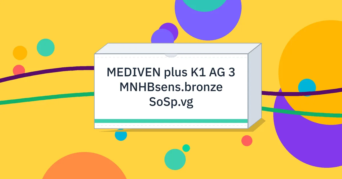 Symbolbild: Packung mit der Aufschrift MEDIVEN plus K1 AG 3 MNHBsens.bronze SoSp.vg (PZN 15917796) – Verfügbarkeit und Bezug in Apotheken in Frankfurt am Main