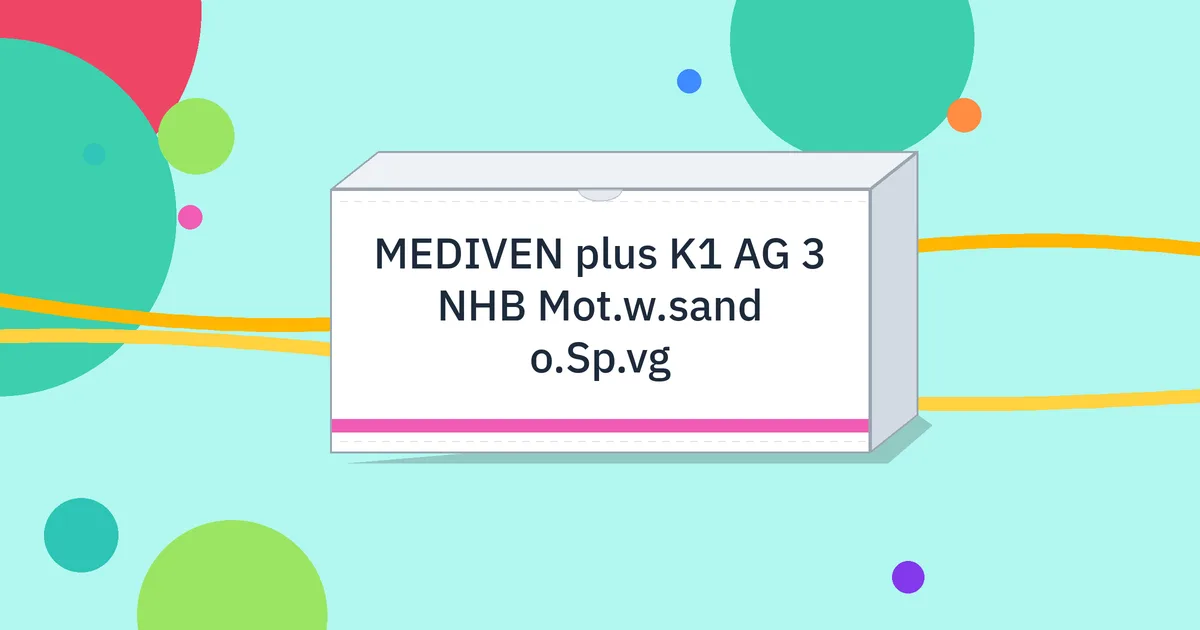 Symbolbild: Packung mit der Aufschrift MEDIVEN plus K1 AG 3 NHB Mot.w.sand o.Sp.vg (PZN 18941789) – Verfügbarkeit und Bezug in Apotheken in Frankfurt am Main