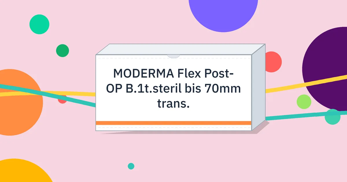 Symbolbild: Packung mit der Aufschrift MODERMA Flex Post-OP B.1t.steril bis 70mm trans. (PZN 04195609) – Verfügbarkeit und Bezug in Apotheken in Frankfurt am Main