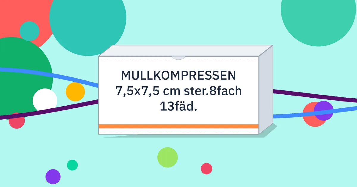 Symbolbild: Packung mit der Aufschrift MULLKOMPRESSEN 7,5x7,5 cm ster.8fach 13fäd. (PZN 06928832) – Verfügbarkeit und Bezug in Apotheken in Frankfurt am Main