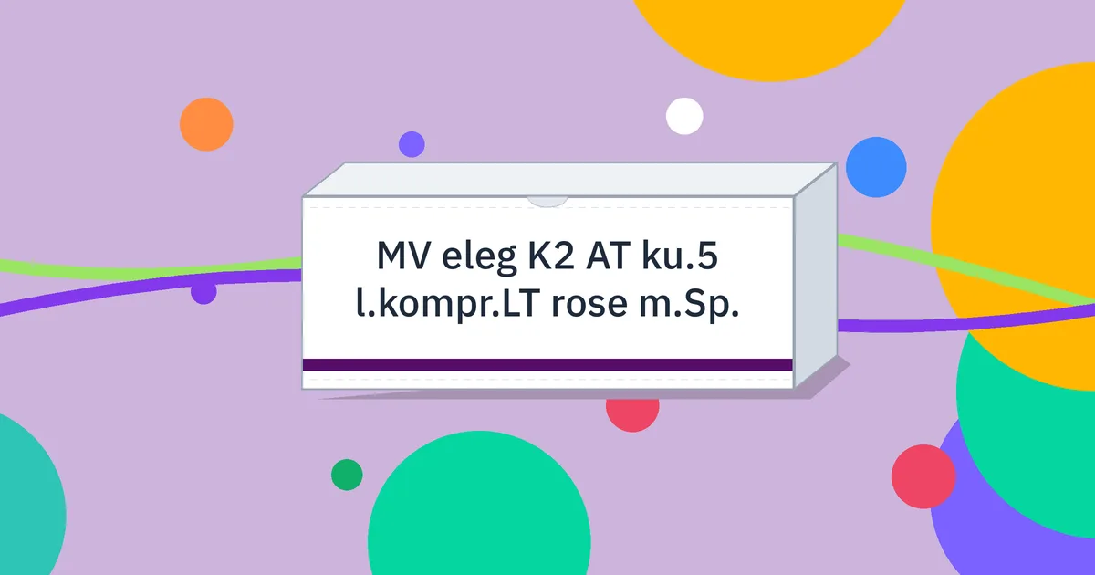 Symbolbild: Packung mit der Aufschrift MV eleg K2 AT ku.5 l.kompr.LT rose m.Sp. (PZN 14691597) – Verfügbarkeit und Bezug in Apotheken in Frankfurt am Main