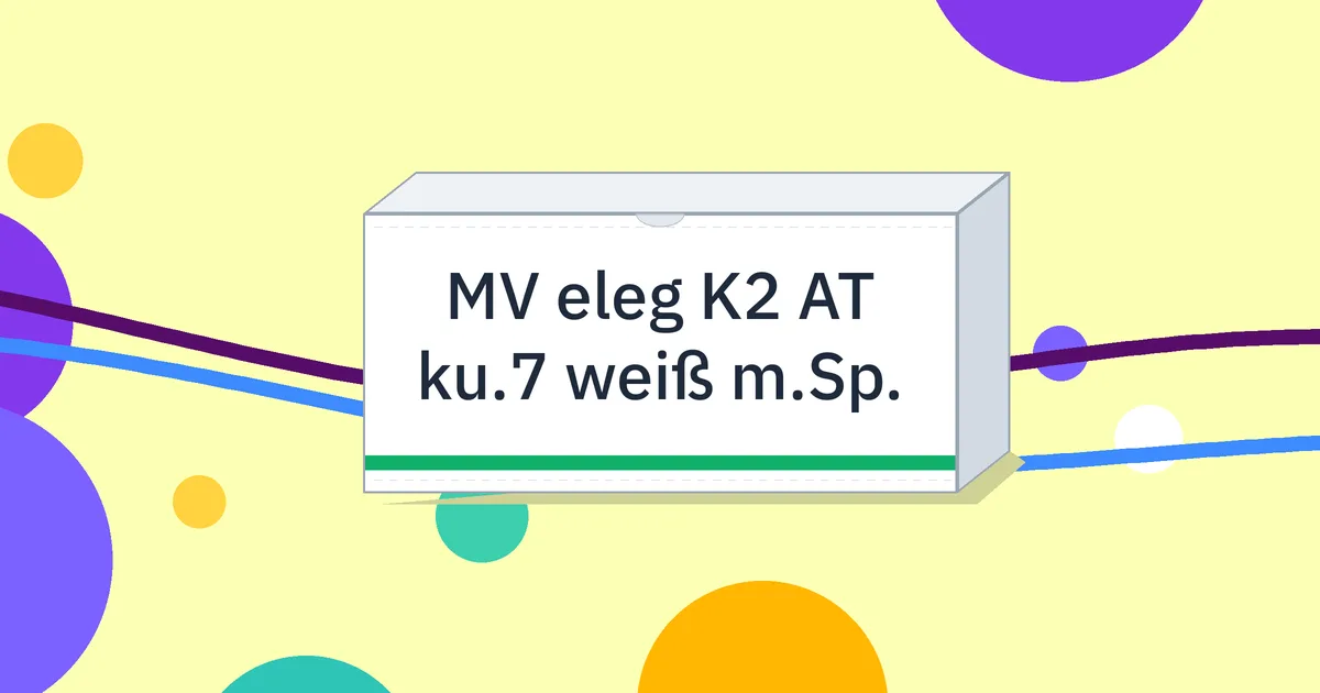 Symbolbild: Packung mit der Aufschrift MV eleg K2 AT ku.7 weiß m.Sp. (PZN 00312952) – Verfügbarkeit und Bezug in Apotheken in Frankfurt am Main