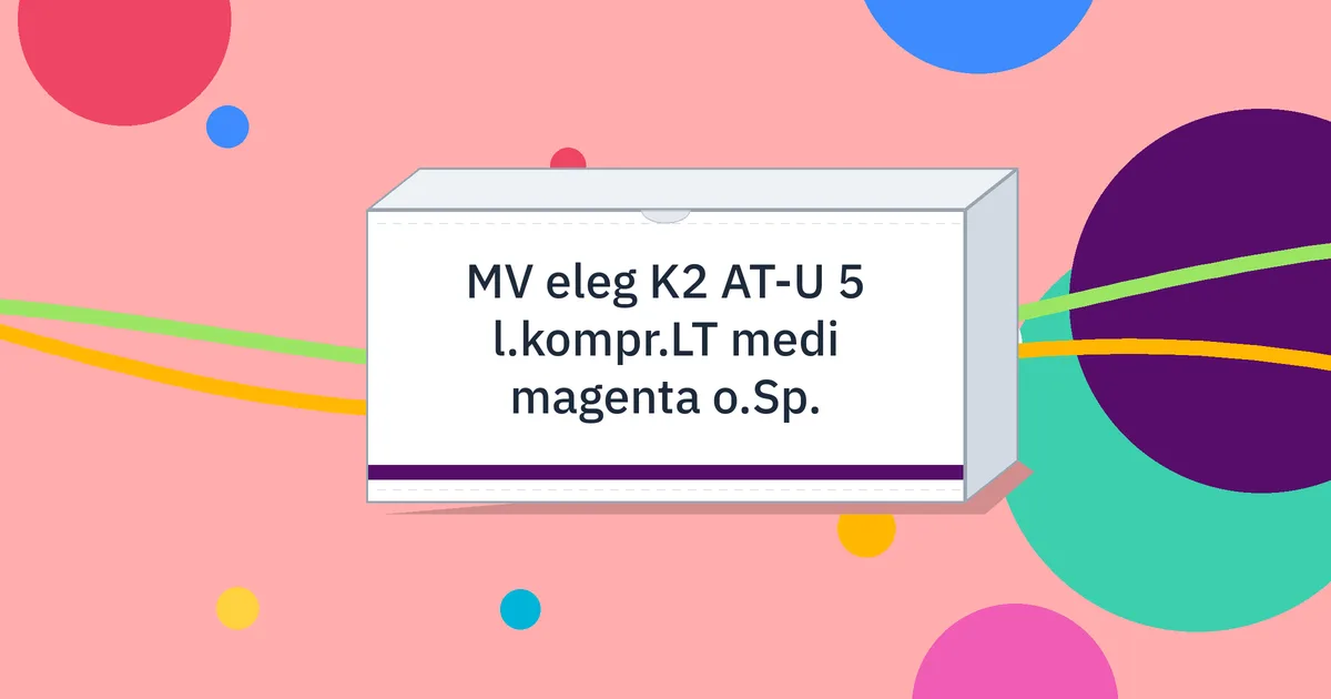 Symbolbild: Packung mit der Aufschrift MV eleg K2 AT-U 5 l.kompr.LT medi magenta o.Sp. (PZN 14626766) – Verfügbarkeit und Bezug in Apotheken in Frankfurt am Main