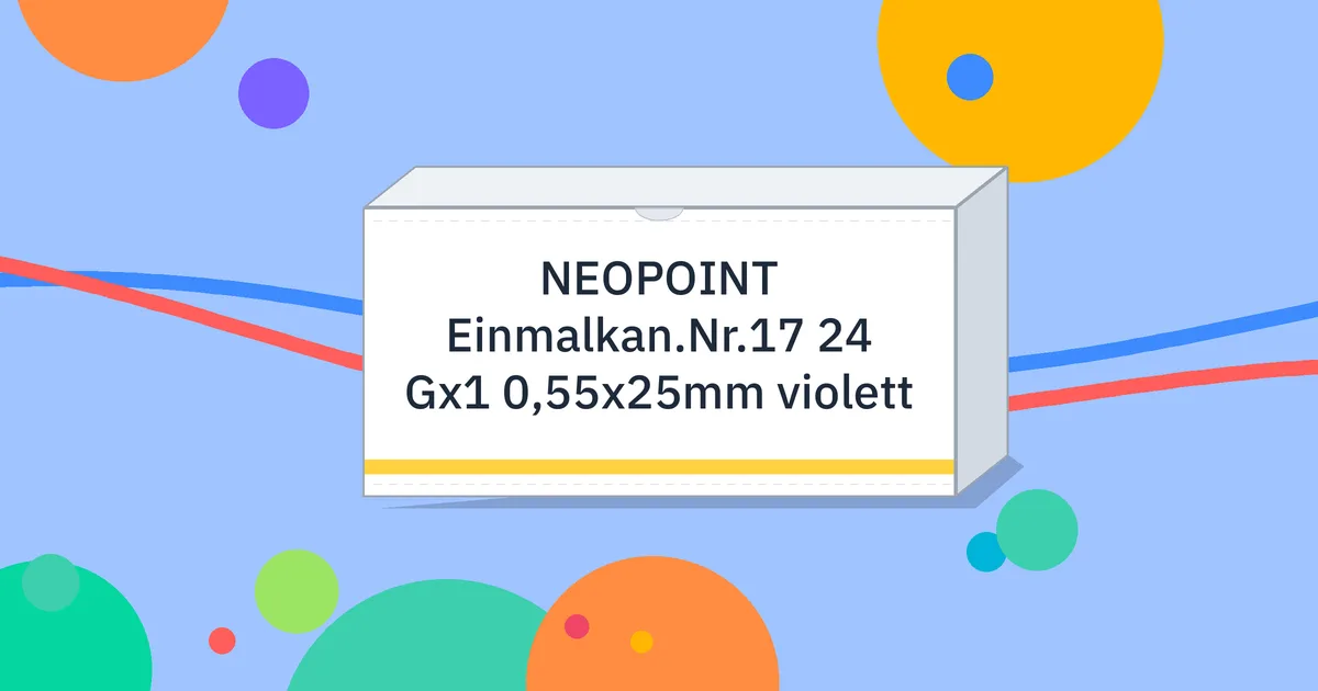 Symbolbild: Packung mit der Aufschrift NEOPOINT Einmalkan.Nr.17 24 Gx1 0,55x25mm violett (PZN 13873149) – Verfügbarkeit und Bezug in Apotheken in Frankfurt am Main