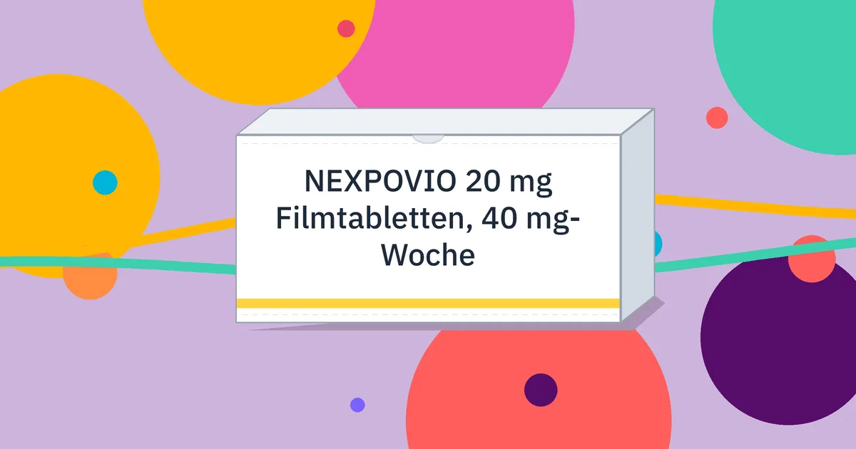 Symbolbild: Packung mit der Aufschrift NEXPOVIO 20 mg Filmtabletten, 40 mg-Woche (PZN 18093522) – Verfügbarkeit und Bezug in Apotheken in Frankfurt am Main