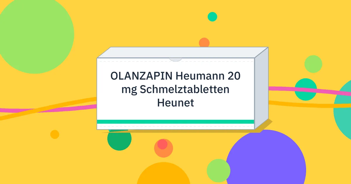 Symbolbild: Packung mit der Aufschrift OLANZAPIN Heumann 20 mg Schmelztabletten Heunet (PZN 09100217) – Verfügbarkeit und Bezug in Apotheken in Frankfurt am Main