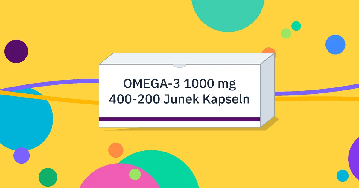 Symbolbild: Packung mit der Aufschrift OMEGA-3 1000 mg 400-200 Junek Kapseln (PZN 11189638) – Verfügbarkeit und Bezug in Apotheken in Frankfurt am Main