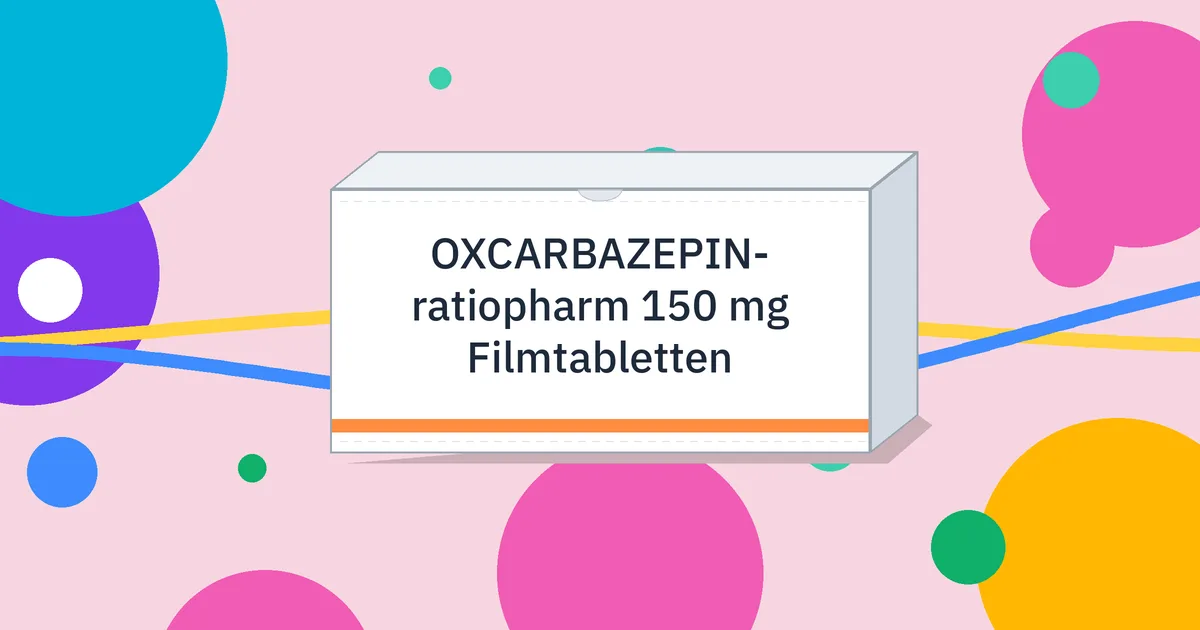 Symbolbild: Packung mit der Aufschrift OXCARBAZEPIN-ratiopharm 150 mg Filmtabletten (PZN 06055195) – Verfügbarkeit und Bezug in Apotheken in Frankfurt am Main