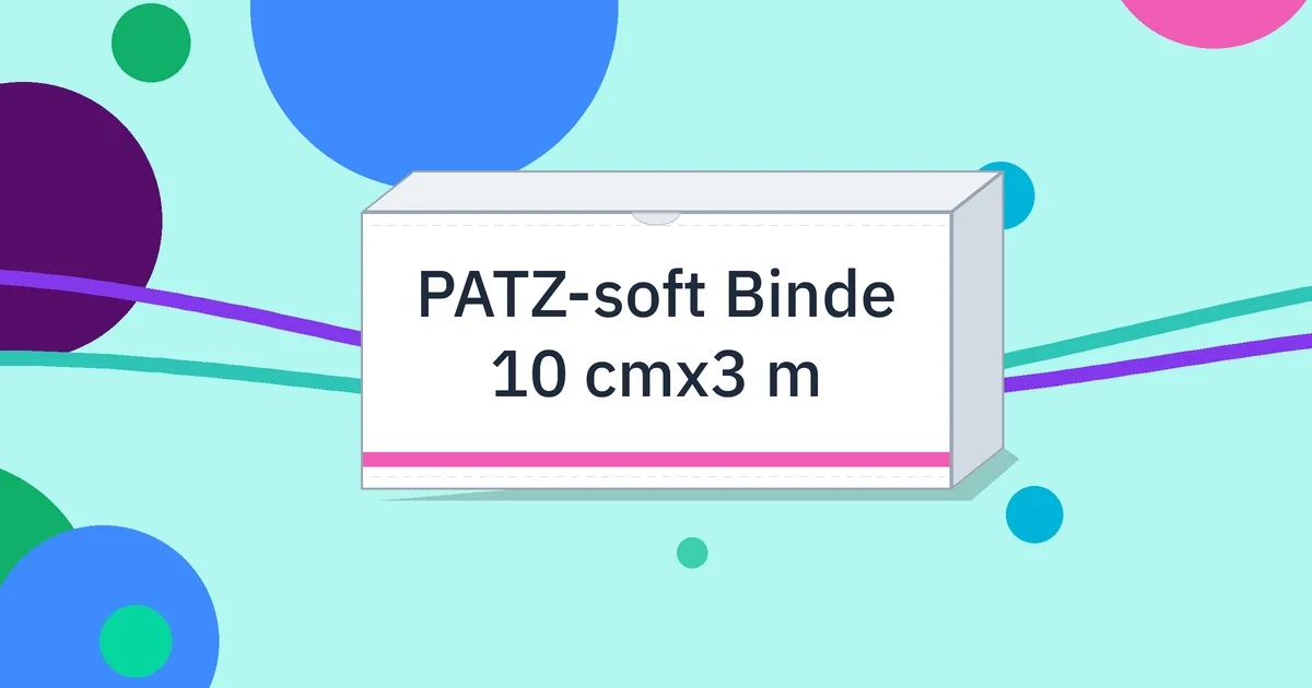 Symbolbild: Packung mit der Aufschrift PATZ-soft Binde 10 cmx3 m (PZN 06813230) – Verfügbarkeit und Bezug in Apotheken in Frankfurt am Main