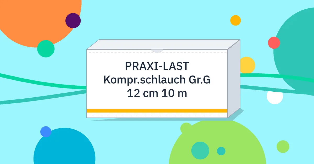 Symbolbild: Packung mit der Aufschrift PRAXI-LAST Kompr.schlauch Gr.G 12 cm 10 m (PZN 12827012) – Verfügbarkeit und Bezug in Apotheken in Frankfurt am Main