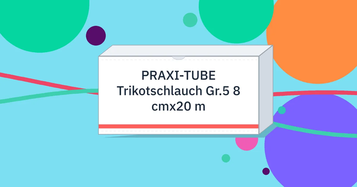 Symbolbild: Packung mit der Aufschrift PRAXI-TUBE Trikotschlauch Gr.5 8 cmx20 m (PZN 12828052) – Verfügbarkeit und Bezug in Apotheken in Frankfurt am Main