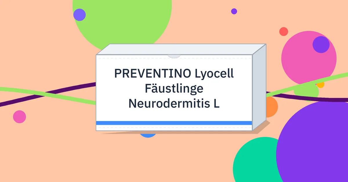Symbolbild: Packung mit der Aufschrift PREVENTINO Lyocell Fäustlinge Neurodermitis L (PZN 16895269) – Verfügbarkeit und Bezug in Apotheken in Frankfurt am Main