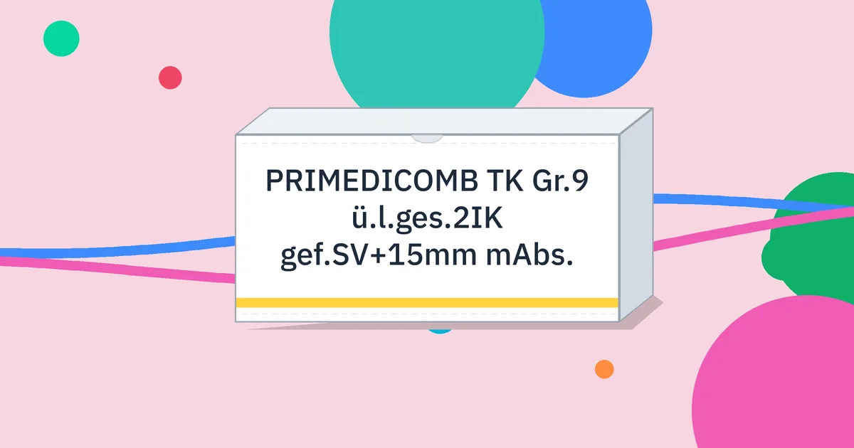 Symbolbild: Packung mit der Aufschrift PRIMEDICOMB TK Gr.9 ü.l.ges.2IK gef.SV+15mm mAbs. (PZN 11375967) – Verfügbarkeit und Bezug in Apotheken in Frankfurt am Main