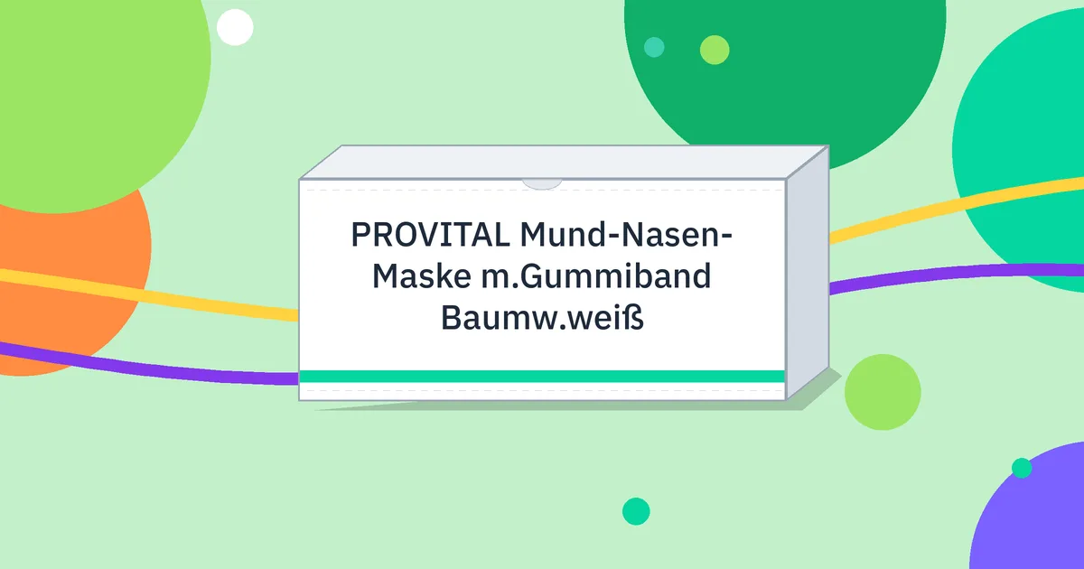 Symbolbild: Packung mit der Aufschrift PROVITAL Mund-Nasen-Maske m.Gummiband Baumw.weiß (PZN 16856186) – Verfügbarkeit und Bezug in Apotheken in Frankfurt am Main