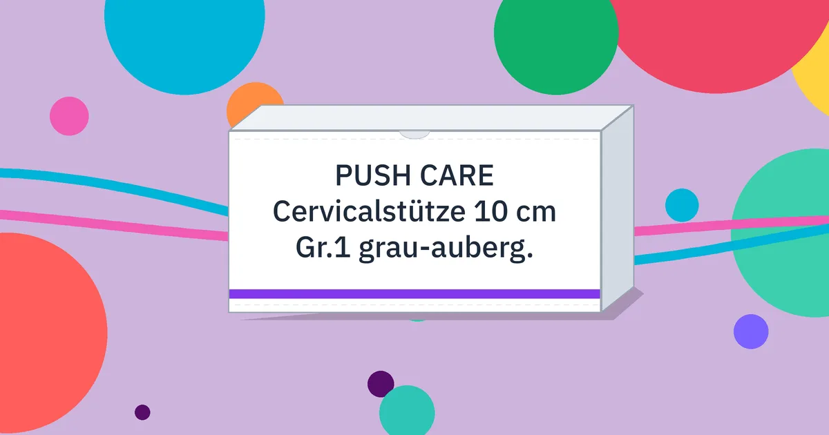 Symbolbild: Packung mit der Aufschrift PUSH CARE Cervicalstütze 10 cm Gr.1 grau-auberg. (PZN 04859452) – Verfügbarkeit und Bezug in Apotheken in Frankfurt am Main