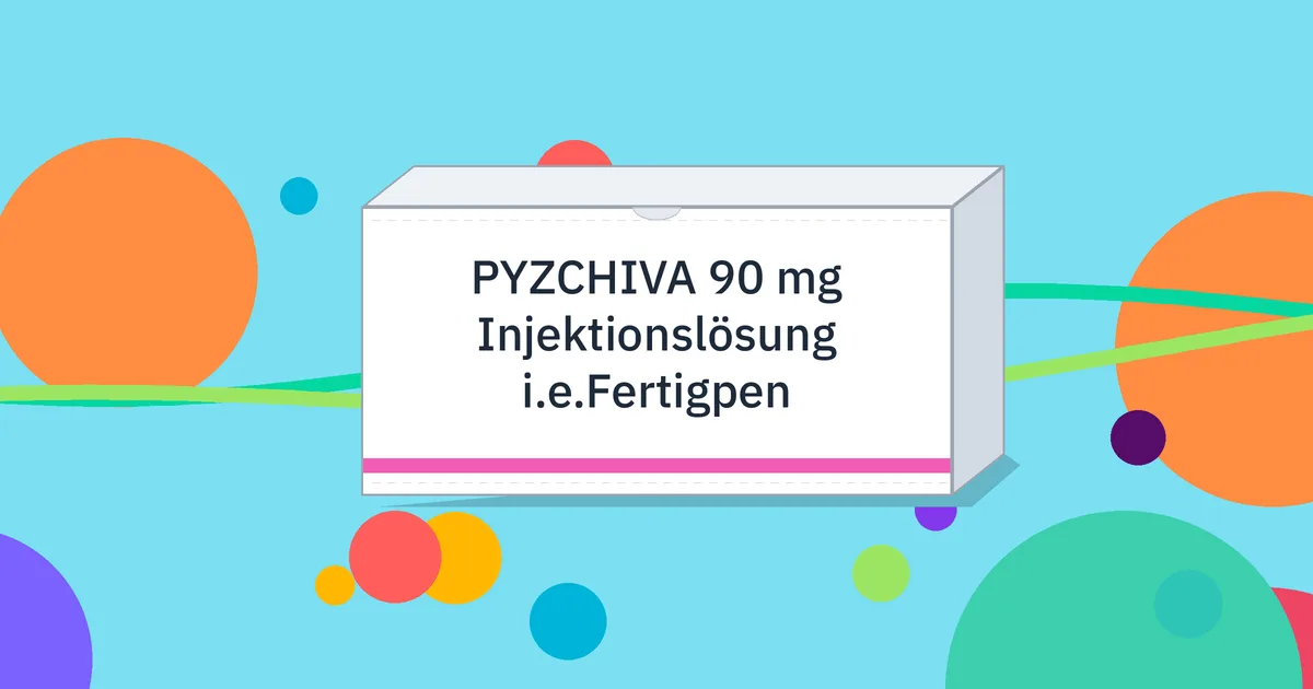 Symbolbild: Packung mit der Aufschrift PYZCHIVA 90 mg Injektionslösung i.e.Fertigpen (PZN 20056497) – Verfügbarkeit und Bezug in Apotheken in Frankfurt am Main