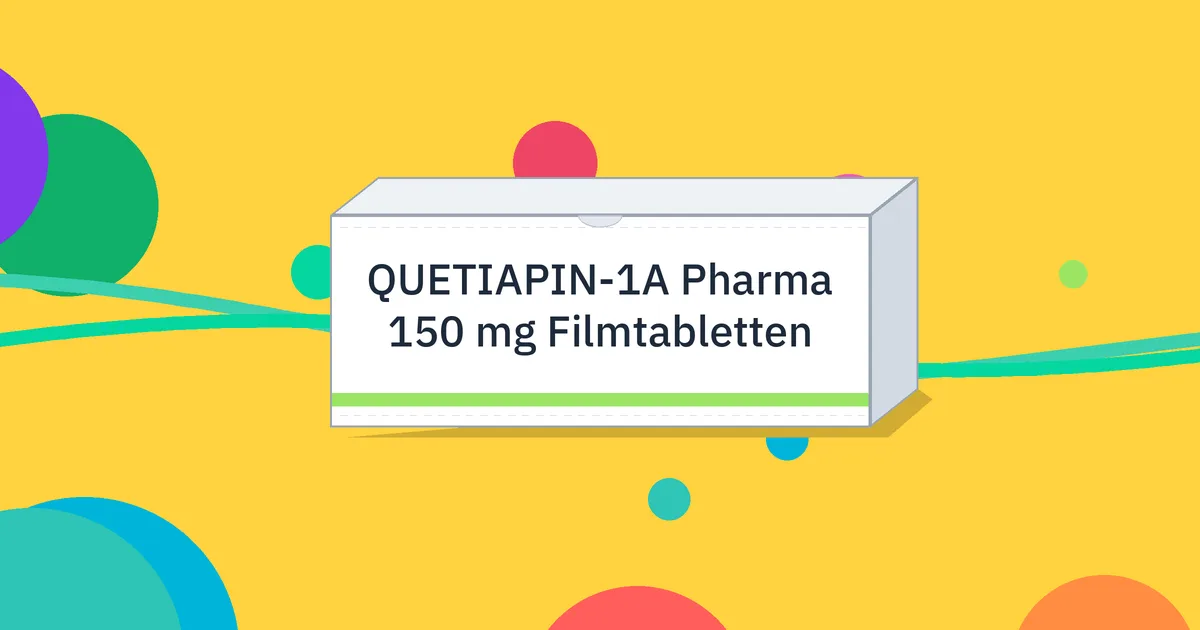 Symbolbild: Packung mit der Aufschrift QUETIAPIN-1A Pharma 150 mg Filmtabletten (PZN 09494825) – Verfügbarkeit und Bezug in Apotheken in Frankfurt am Main