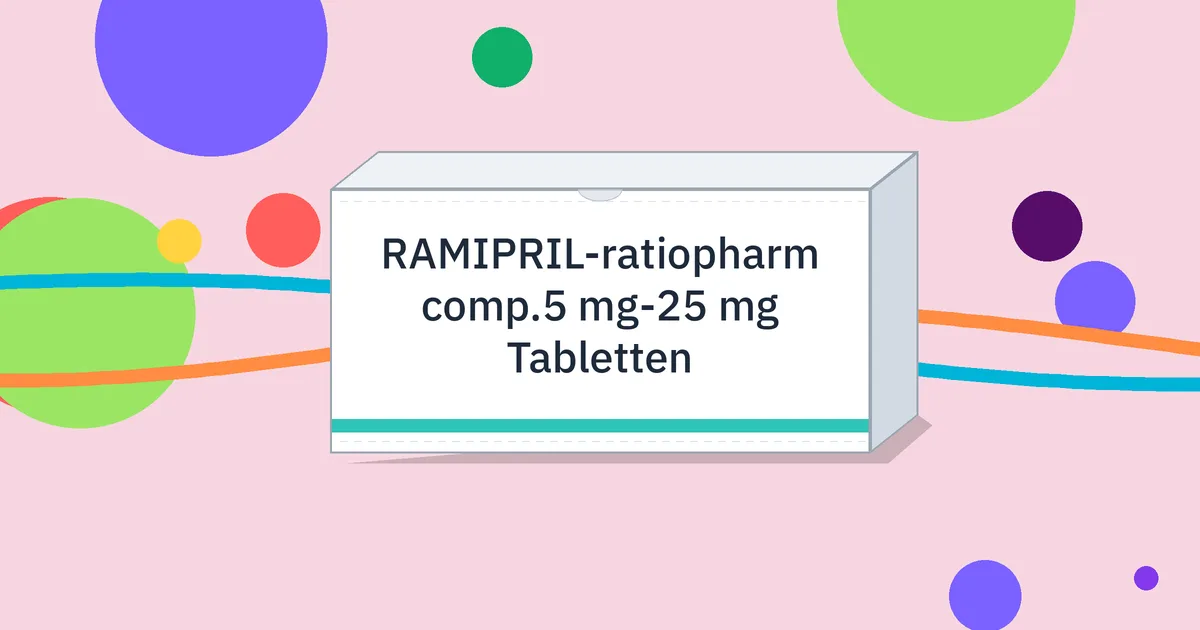Symbolbild: Packung mit der Aufschrift RAMIPRIL-ratiopharm comp.5 mg-25 mg Tabletten (PZN 02355173) – Verfügbarkeit und Bezug in Apotheken in Frankfurt am Main