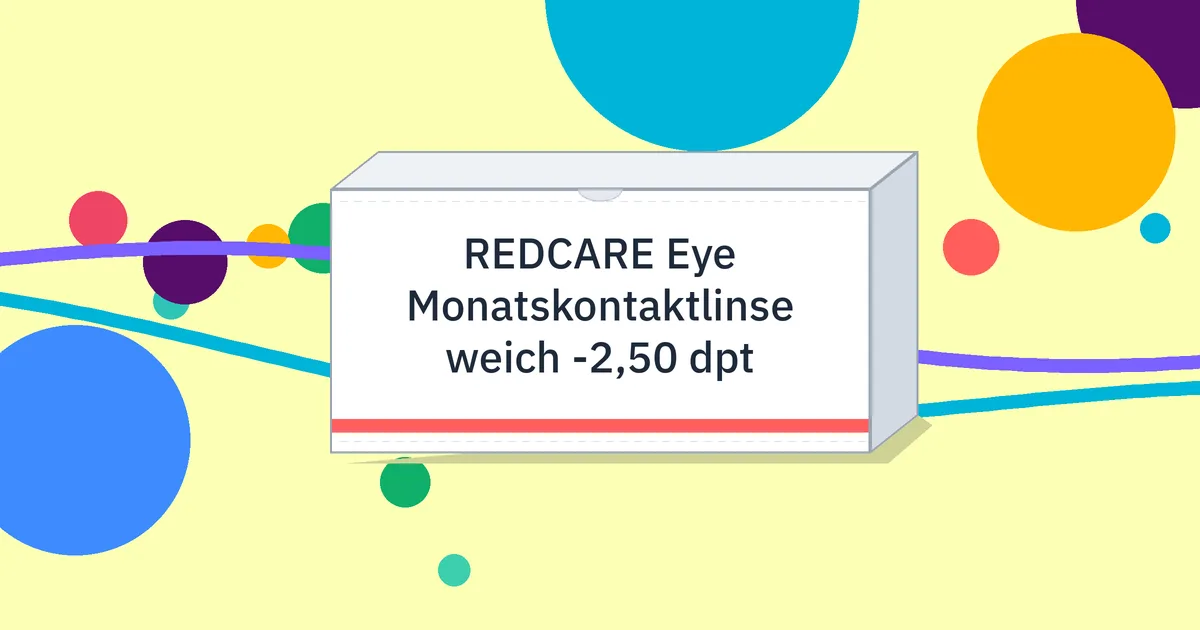 Symbolbild: Packung mit der Aufschrift REDCARE Eye Monatskontaktlinse weich -2,50 dpt (PZN 18781989) – Verfügbarkeit und Bezug in Apotheken in Frankfurt am Main