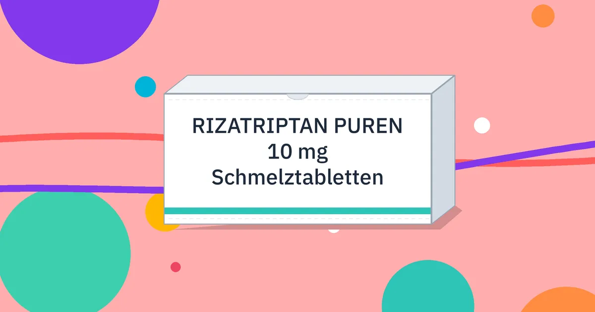 Symbolbild: Packung mit der Aufschrift RIZATRIPTAN PUREN 10 mg Schmelztabletten (PZN 14299190) – Verfügbarkeit und Bezug in Apotheken in Frankfurt am Main