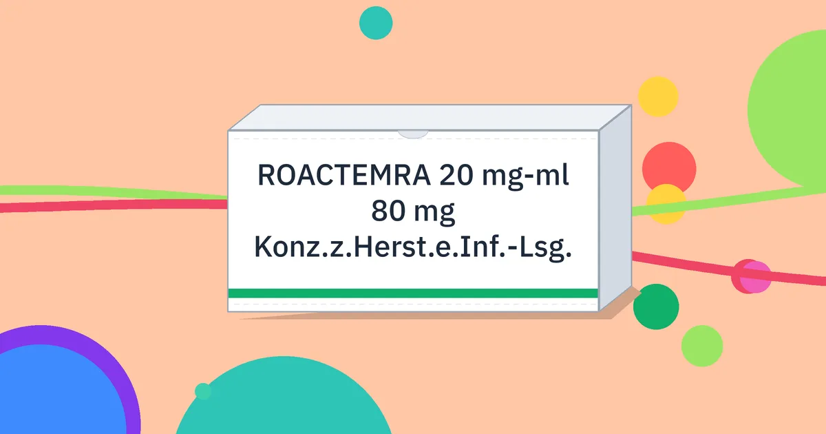 Symbolbild: Packung mit der Aufschrift ROACTEMRA 20 mg-ml 80 mg Konz.z.Herst.e.Inf.-Lsg. (PZN 10974938) – Verfügbarkeit und Bezug in Apotheken in Frankfurt am Main