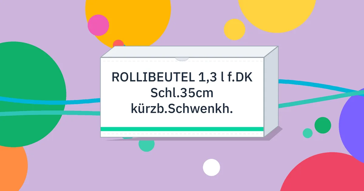 Symbolbild: Packung mit der Aufschrift ROLLIBEUTEL 1,3 l f.DK Schl.35cm kürzb.Schwenkh. (PZN 06094752) – Verfügbarkeit und Bezug in Apotheken in Frankfurt am Main