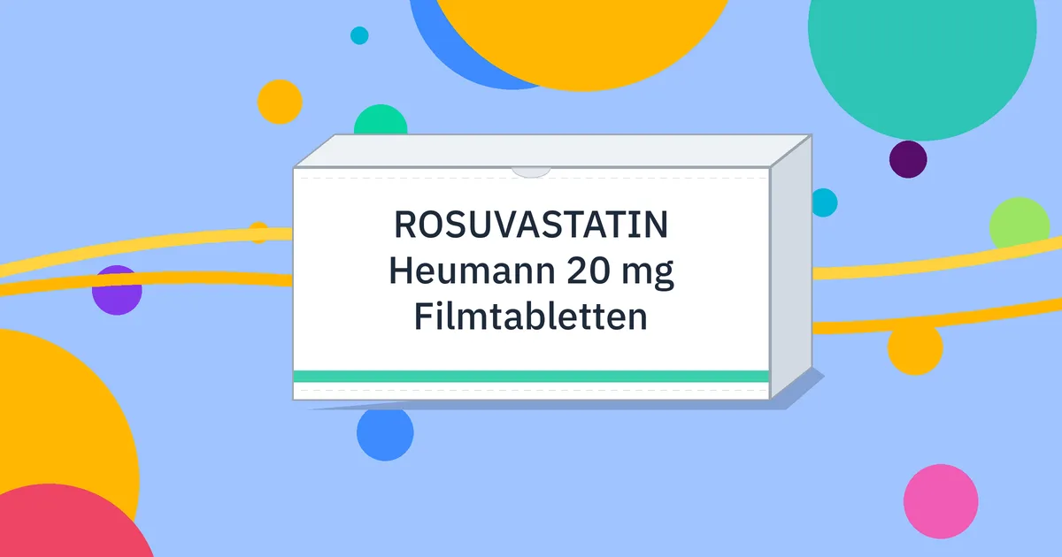 Symbolbild: Packung mit der Aufschrift ROSUVASTATIN Heumann 20 mg Filmtabletten (PZN 12397391) – Verfügbarkeit und Bezug in Apotheken in Frankfurt am Main