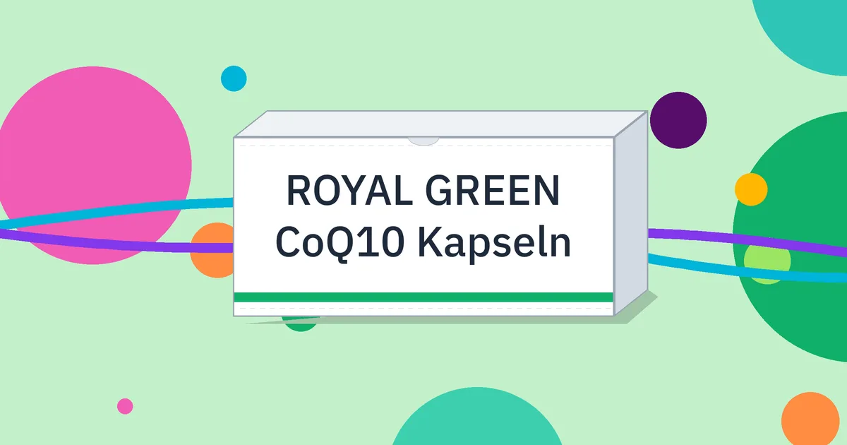 Symbolbild: Packung mit der Aufschrift ROYAL GREEN CoQ10 Kapseln (PZN 16504429) – Verfügbarkeit und Bezug in Apotheken in Frankfurt am Main