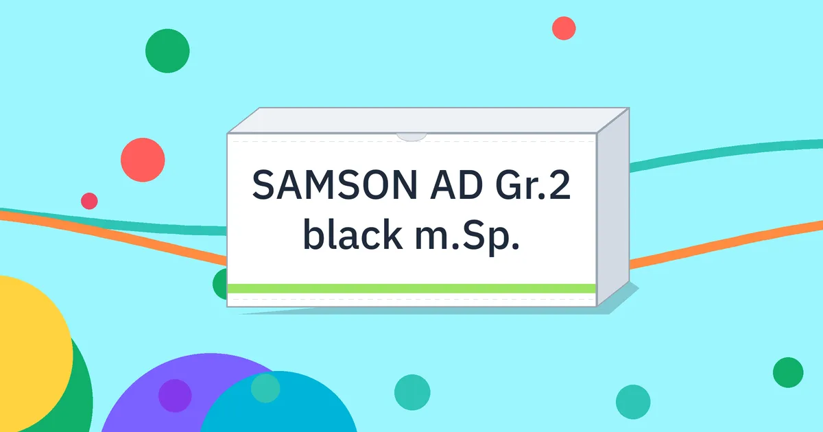 Symbolbild: Packung mit der Aufschrift SAMSON AD Gr.2 black m.Sp. (PZN 14248703) – Verfügbarkeit und Bezug in Apotheken in Frankfurt am Main
