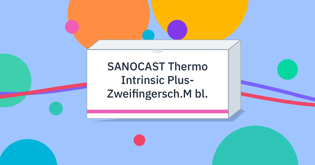 Symbolbild: Packung mit der Aufschrift SANOCAST Thermo Intrinsic Plus-Zweifingersch.M bl. (PZN 15260095) – Verfügbarkeit und Bezug in Apotheken in Frankfurt am Main