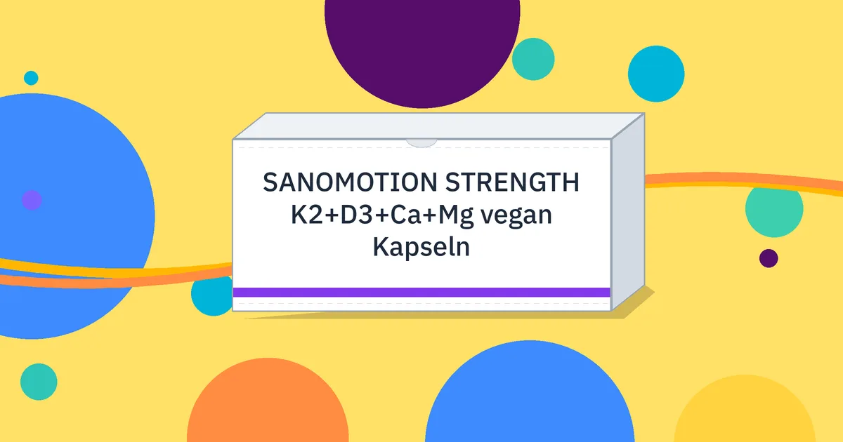 Symbolbild: Packung mit der Aufschrift SANOMOTION STRENGTH K2+D3+Ca+Mg vegan Kapseln (PZN 17543822) – Verfügbarkeit und Bezug in Apotheken in Frankfurt am Main