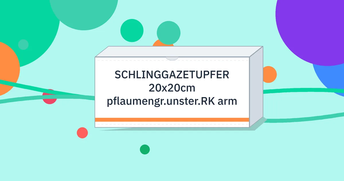 Symbolbild: Packung mit der Aufschrift SCHLINGGAZETUPFER 20x20cm pflaumengr.unster.RK arm (PZN 16145261) – Verfügbarkeit und Bezug in Apotheken in Frankfurt am Main
