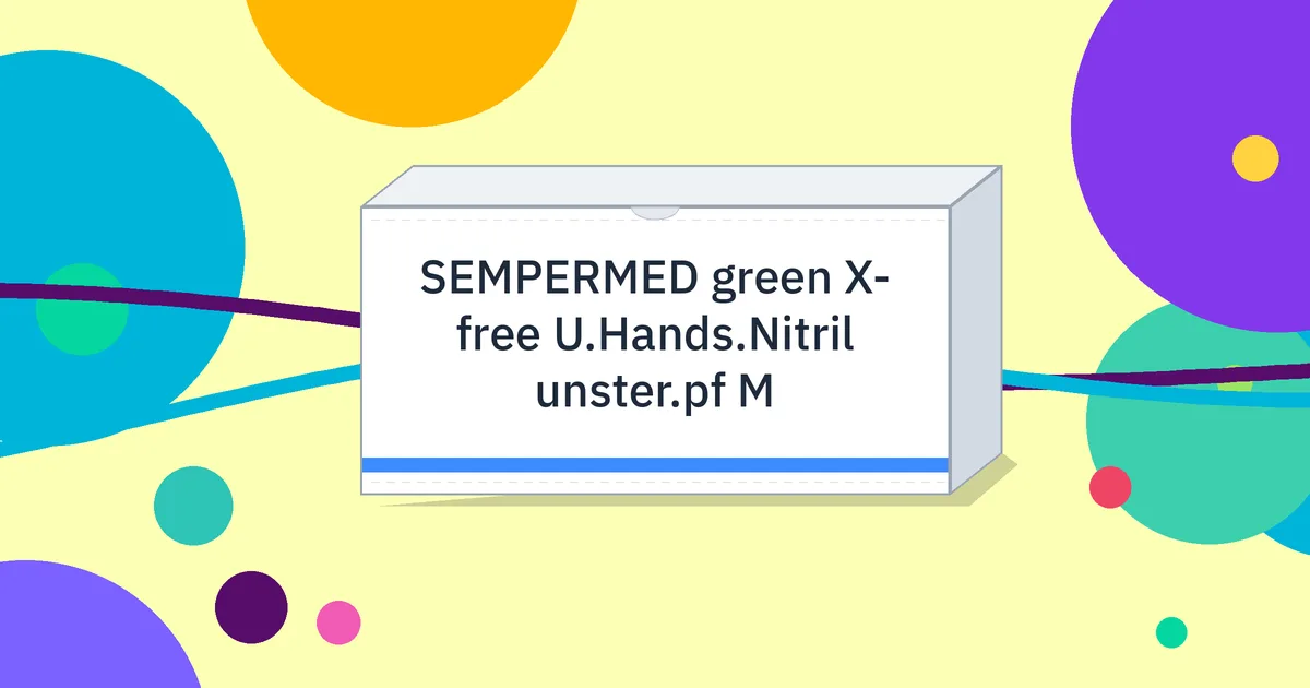 Symbolbild: Packung mit der Aufschrift SEMPERMED green X-free U.Hands.Nitril unster.pf M (PZN 19961506) – Verfügbarkeit und Bezug in Apotheken in Frankfurt am Main